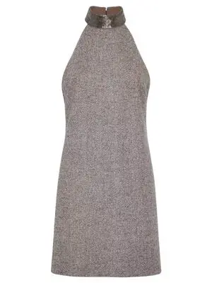 Brunello Cucinelli Halter-neck Herringbone Tweed Dress - Brown