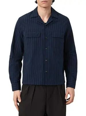 ALLSAINTS Stanley Boxy Fit Long Sleeve Camp Shirt - Navy Blue