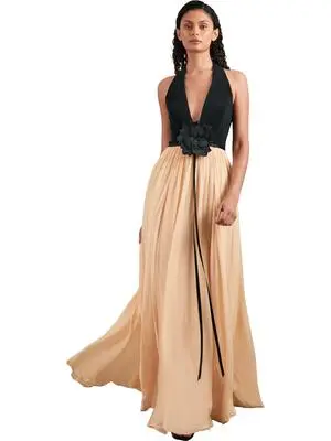 Halston Crepe And Chiffon Kinslee Maxi Gown - Black/ivory