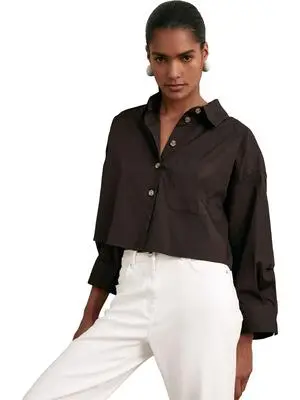 REISS Oversized Cropped Cotton Shirt - Chocolate Brown