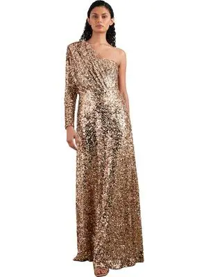 Halston Ramona Sequin One Shoulder Gown - Gold