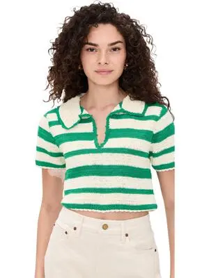 For Love & Lemons Crochet Rugby Polo Top - Green
