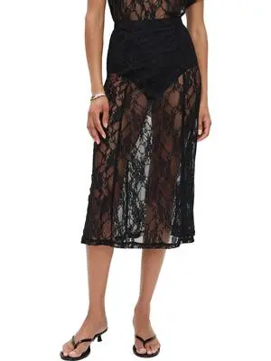 LE BOP Floral Lace Skirt Black