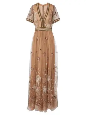 Costarellos Embroidered Tulle Gown - Beige