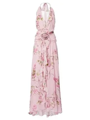Blumarine Floral Ruffled Georgette Maxi Dress - Pink