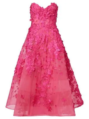Monique Lhuillier Floral-appliqué Tulle Midi Dress - Pink