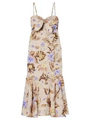 Zimmermann Coco Bow-Embellished Floral-Print Linen Midi Dress Neutrals
