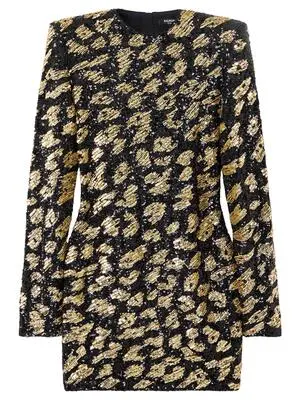 Balmain Bead-Embellished Sequined Mini Dress Leopard Print