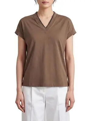Brunello Cucinelli Brunello Cucinelli Cotton V-Neck T-Shirt With Monili Embellishment Camel