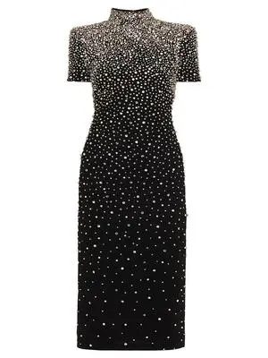 Naeem Khan Mock-neck Crystal Velvet Midi Dress - Blacksilver