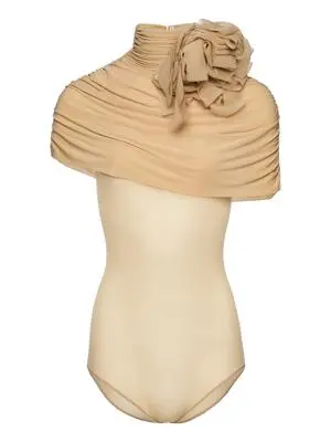 Magda Butrym Floral Applique Ruched Bodysuit Neutral