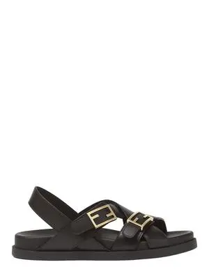 Fendi Flat Leather Slides With Ff Baguette Buckles - Black