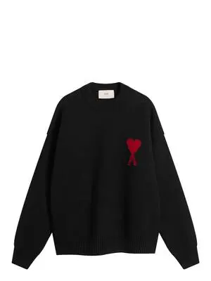 Ami Felted Merino Wool Knit Crew Neck Jumper - Noir/rouge