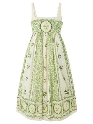 Agua Bendita Barbara Pleated Bead-embellished Floral-print Linen Midi Dress - Green