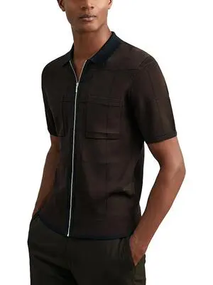 REISS Baxter Zip Front Short Sleeve Shirt - Chocolate