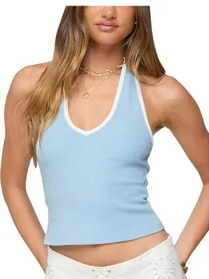 EDIKTED Contrast Ribbed V-neck Halter Top - Light Blue