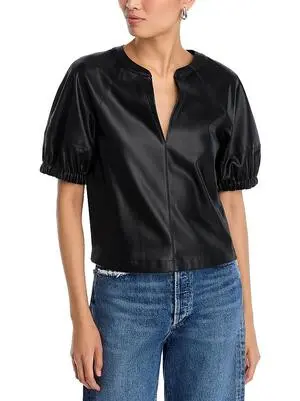 Steve Madden Faux Leather Split Neck Top - Black