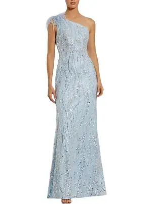 Mac Duggal Feathered One Shoulder Embroidered Gown - Powder Blue
