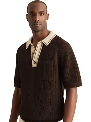 REISS Donovan Cotton Textured Knit Contrast Polo Shirt - Dark Brown/stone