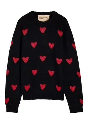 Valentino Garavani Heart-intarsia Metallic Brushed Knit Jumper - Black Red