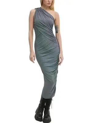 Rick Owens One-Shoulder Draped Midi Dress Grey