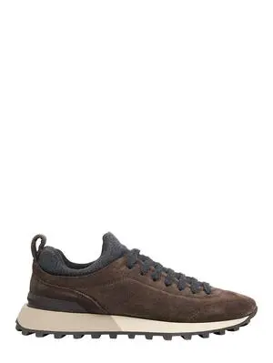 Brunello Cucinelli Suede Runner Sneakers With Monili Pull Tab - Black Stone