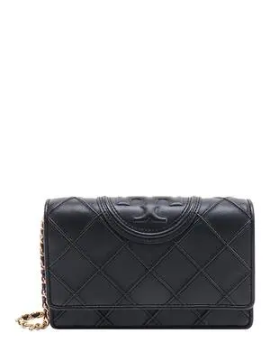 Tory Burch Stitched Leather Shoulder Bag With Embossed Logo - Black