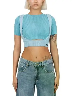 HOUSE OF SUNNY Ribbed-knit Cut-out Top - Blue