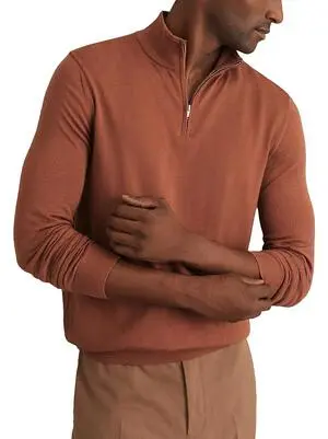 REISS Quarter Zip Merino Wool Sweater - Cinnamon Brown