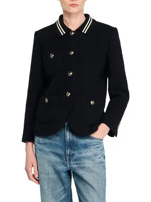 Sandro Tweed Jacket With Contrast Stripe - Black