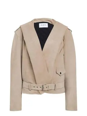 Alaïa Suede Hooded Biker Jacket - Beige