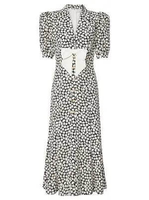 Alessandra Rich Floral Printed Silk Midi Dress - Black