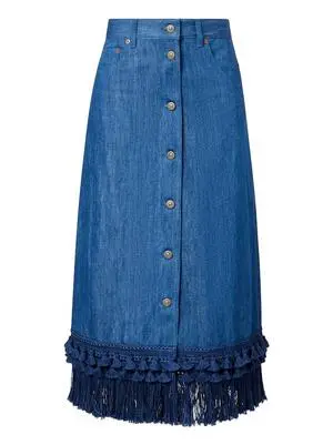 Valentino Garavani Fringed Denim Midi Skirt - Blue