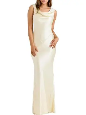 House Of Cb Safaira Cowl Neck Satin Gown - Lemon