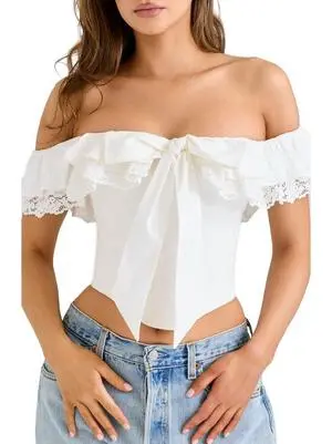House Of Cb Off-the-shoulder Bow Crop Top - White
