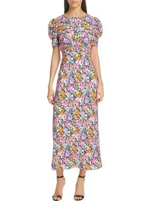 Saloni Silk Midi Dress With Puff Sleeves - Pink Rosette