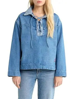 DAMSON MADDER Scarlett Lace-up Denim Rugby Shirt - Blue