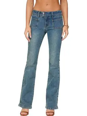 EDIKTED Mattea Patch Pocket Low Rise Flare Jeans - Blue-washed