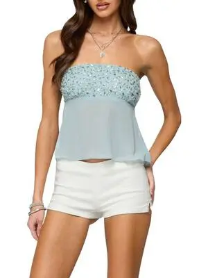 EDIKTED Beaded Strapless Chiffon Top - Light-blue