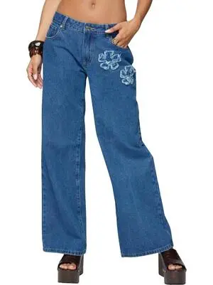 EDIKTED Floral Patch Low Rise Wide Leg Jeans - Blue