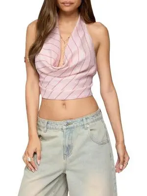 EDIKTED Striped Cowl Neck Halter Crop Top - Pink