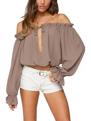 EDIKTED Off-the-shoulder Ruffle Chiffon Top - Brown