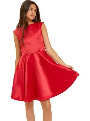 UN DEUX TROIS Cap Sleeve Fit-and-flare Dress - Red Satin