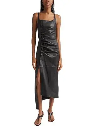 Rabanne Draped Lambskin Leather Midi Dress - Black
