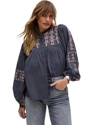 RAFFYA Embroidered Balloon Sleeve Shirt - Grey