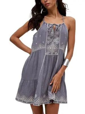 RAFFYA Jen Embroidered Tiered Mini Dress - Grey