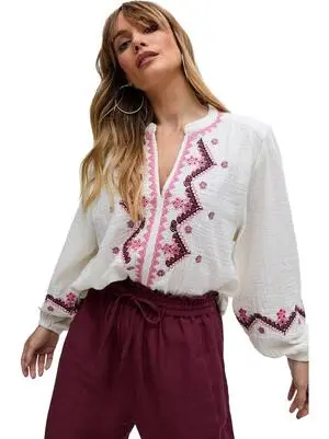 RAFFYA Dina V-neck Embroidered Blouse - White