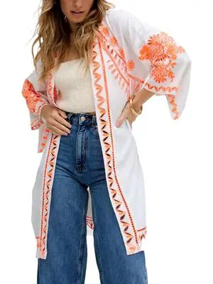 RAFFYA Embroidered Linen-viscose Kimono - White