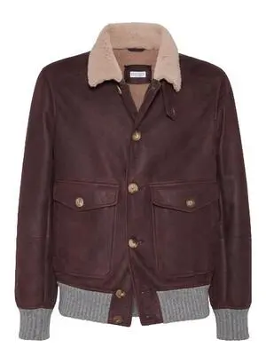 Brunello Cucinelli Nubuck Shearling Aviator Jacket - Purple