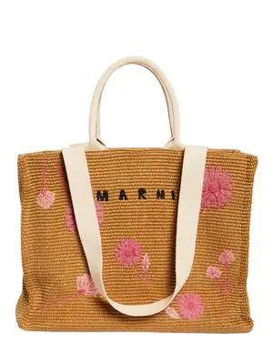 Marni Floral Embroidered Raffia Tote - Natural